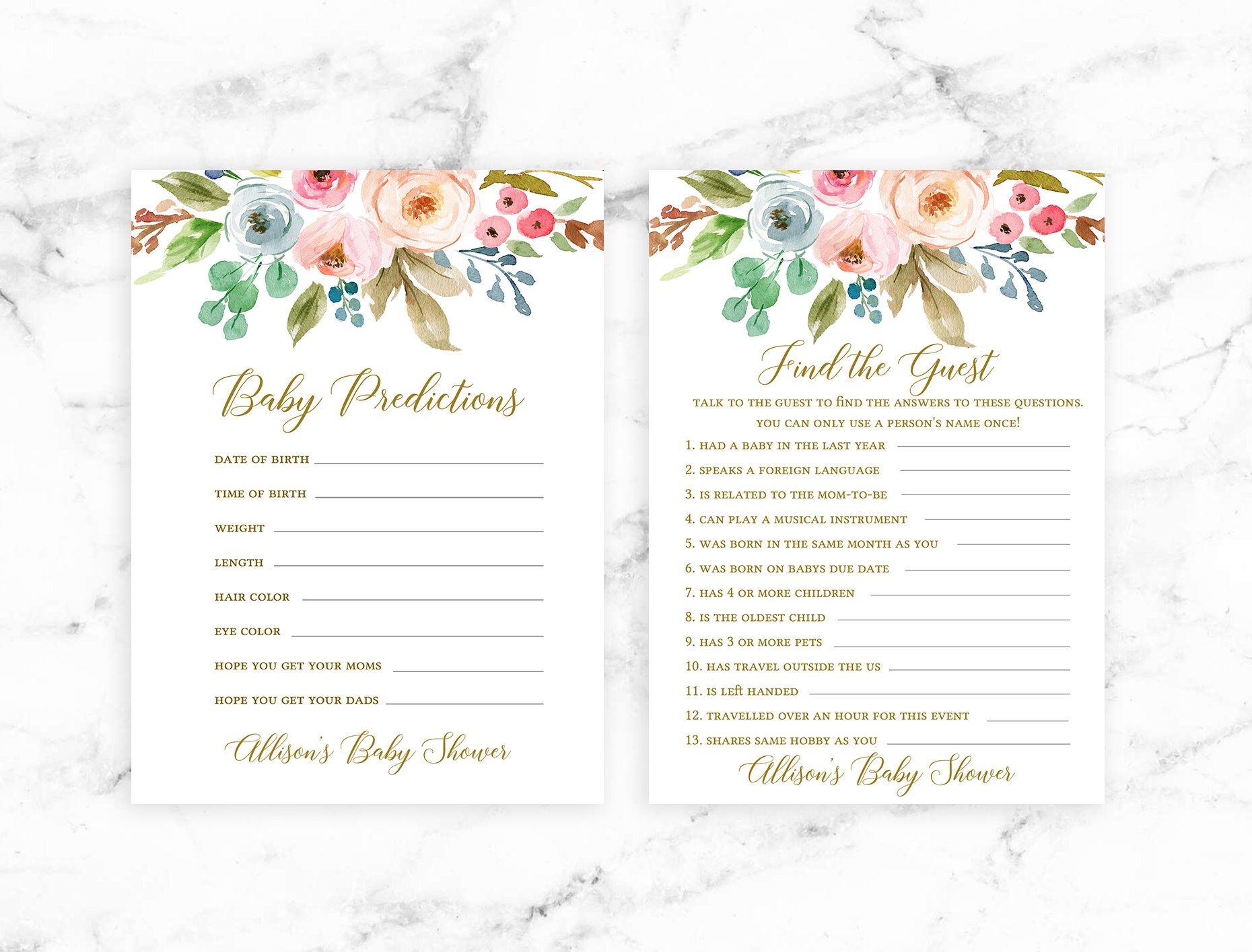 10 Baby Shower Games Bundle - Colorful Watercolor Flowers - Printable ...