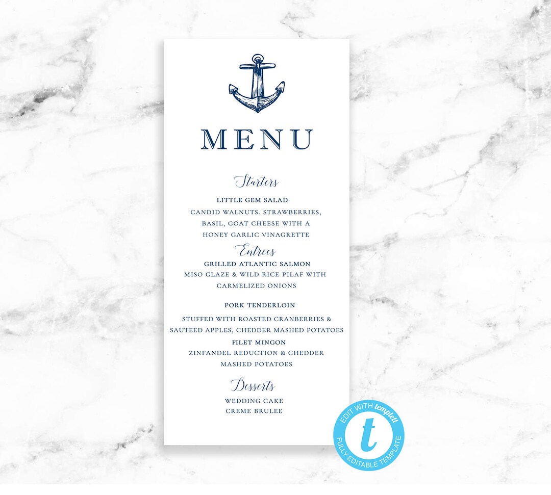Nautical Wedding Menu Card - Navy Blue Anchor - Editable Template ...