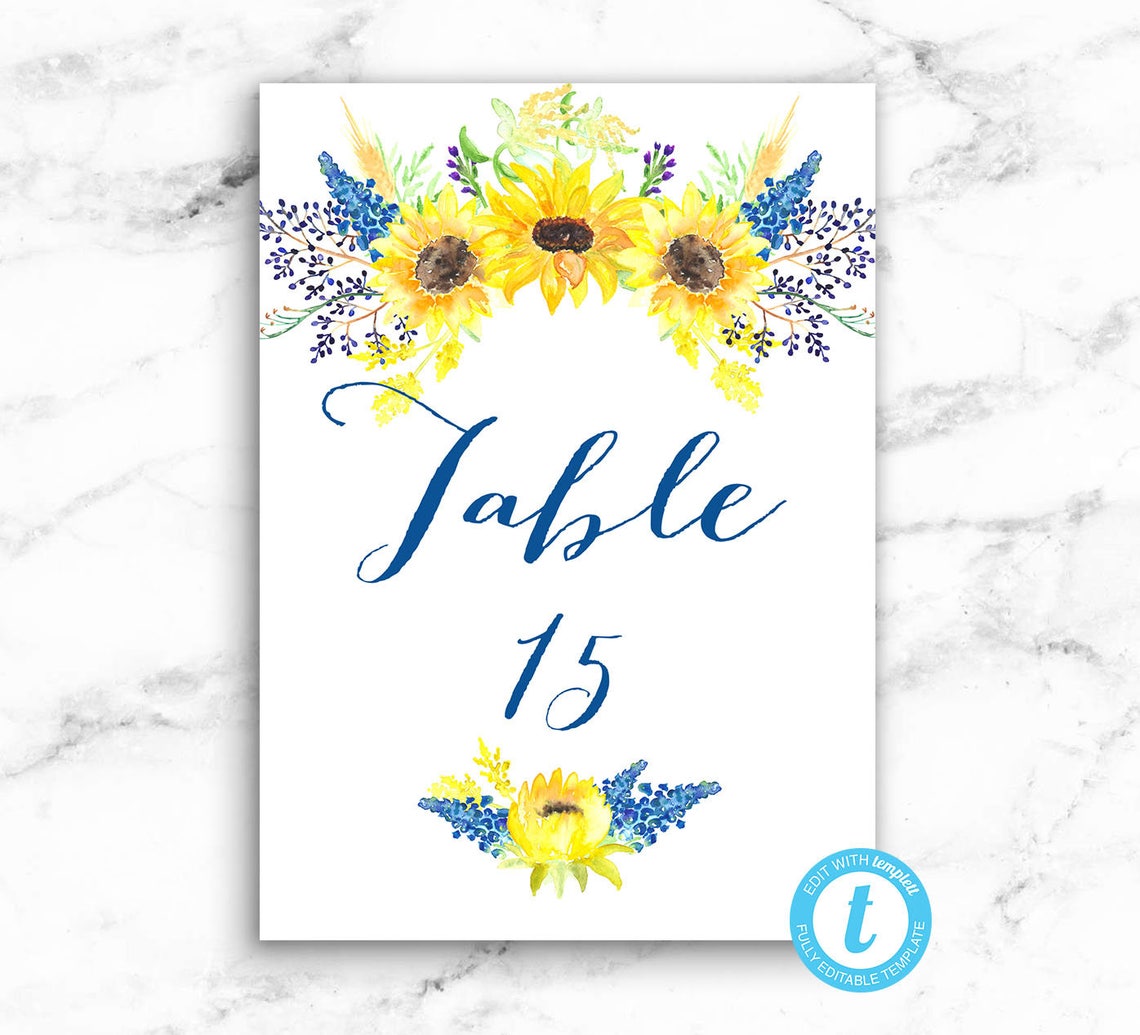 Wedding Table Numbers Sign Sunflower Editable Template - Etsy