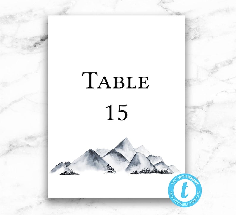 Wedding Table Numbers Sign Watercolor Mountains Editable - Etsy