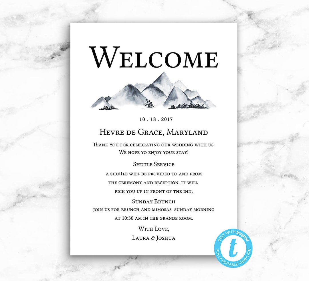 Wedding Hotel Bag Welcome Card - Watercolor Mountain - Editable ...