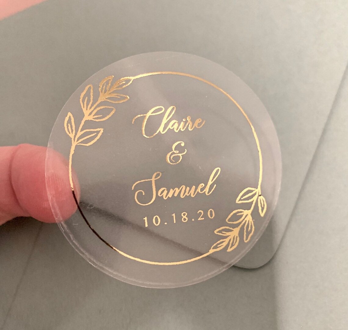 2" Gold Foil Wedding Stickers Rose Gold Personalized Clear Favor ...