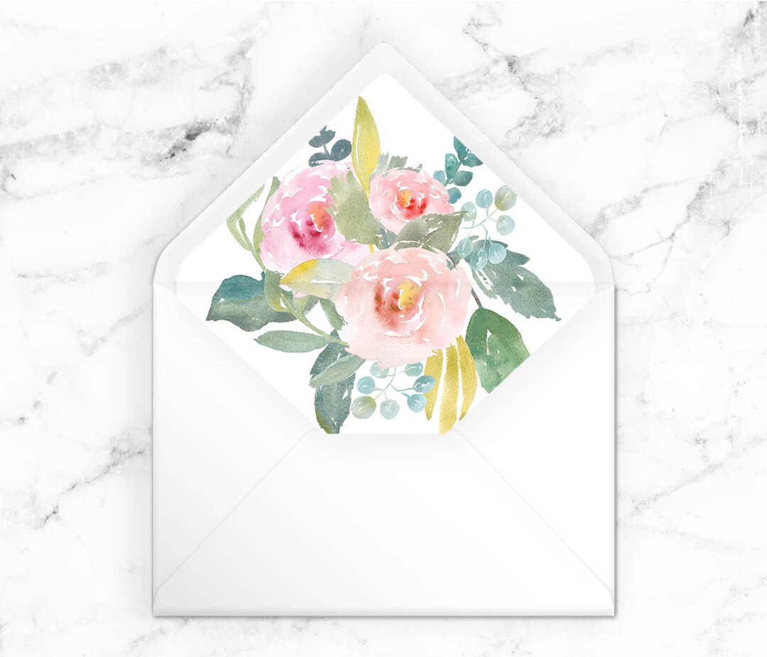 Printable Envelope Liner - Pink Floral Watercolor - A7 5x7 Envelope ...