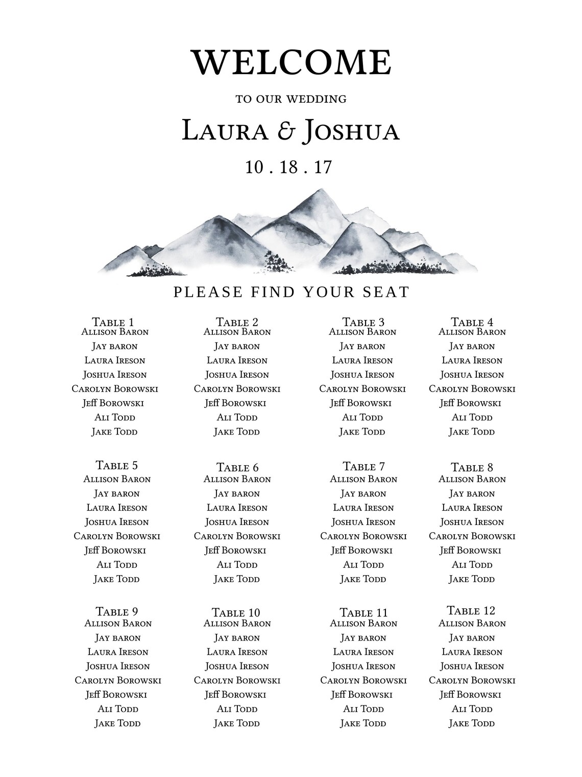 Mountain Seating Chart Sign Poster, Wedding Seating Chart, Wedding Sign ...