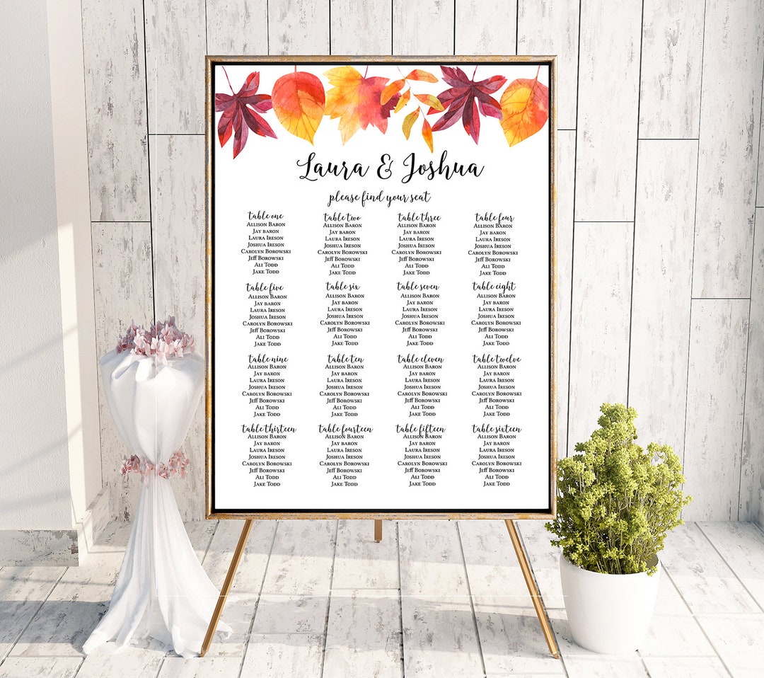Fall Wedding Seating Chart Sign Poster - Fall Leaves- Editable Template ...