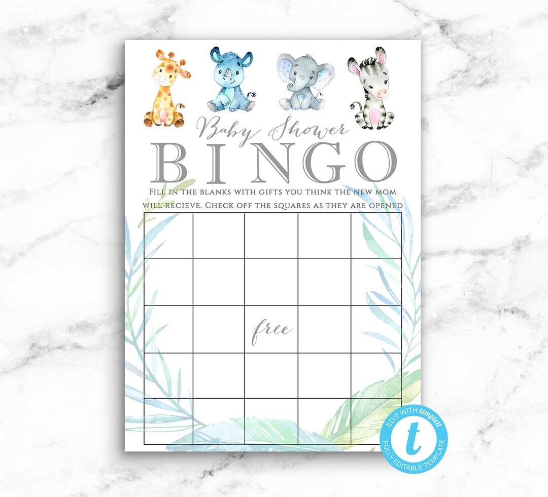 Baby Shower Bingo Game Card - Elephant Giraffe Zebra Rhino Safari ...