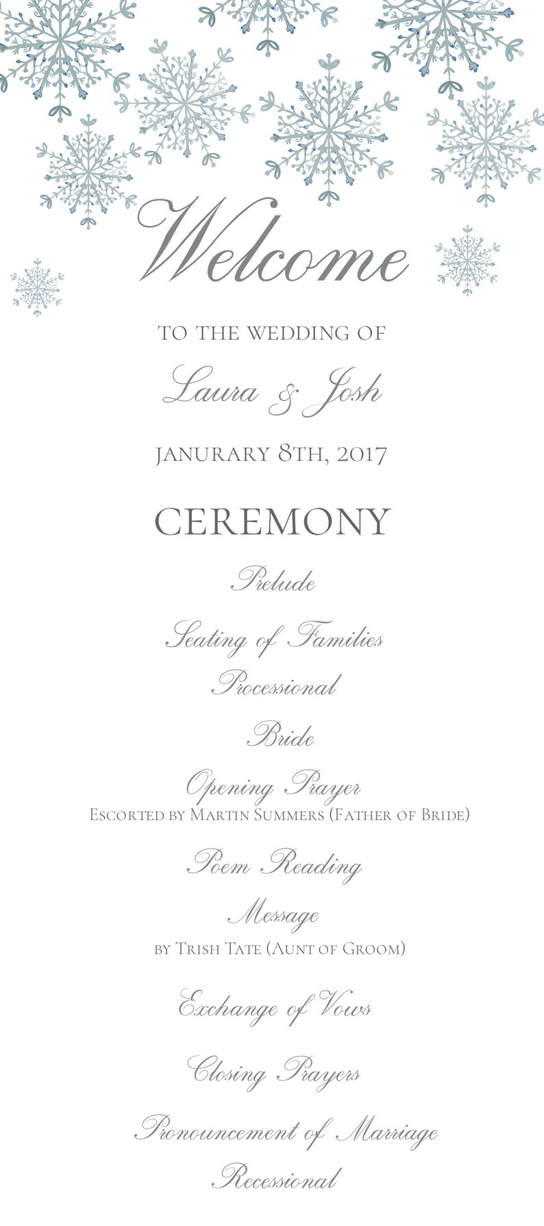 Snowflake Wedding Program Ceremony Printable Template - Etsy