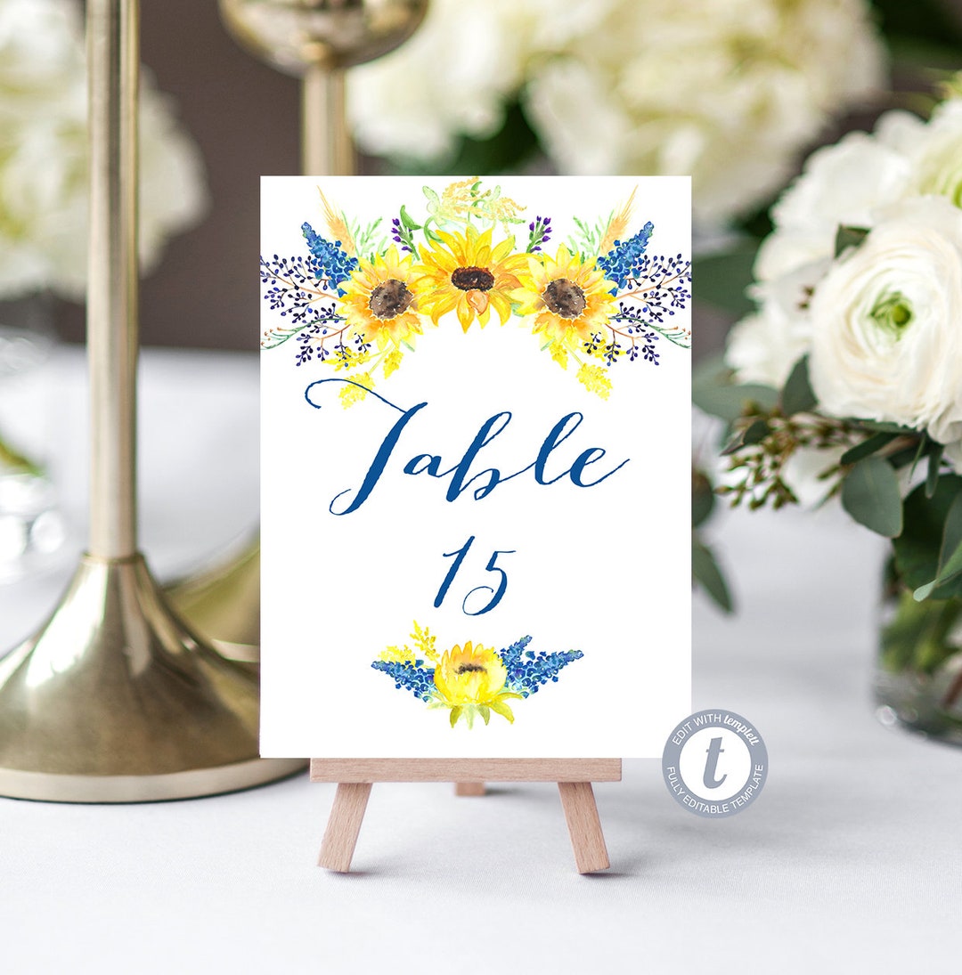 Wedding Table Numbers Sign - Sunflower - Editable Template - Printable ...