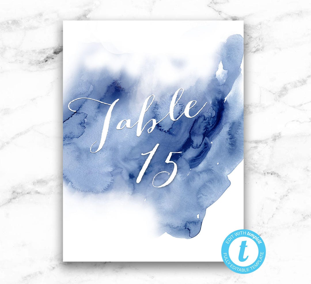 Wedding Table Numbers Sign - Blue Watercolor - Editable Template ...
