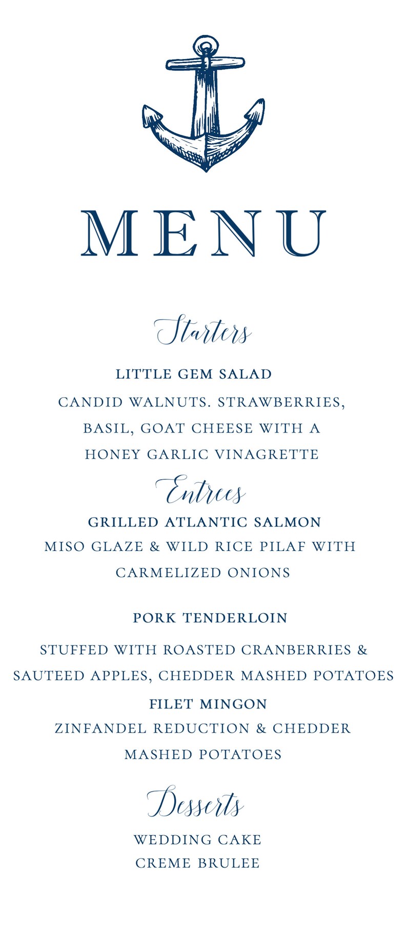 Nautical Wedding Menu Card - Navy Blue Anchor - Editable Template ...