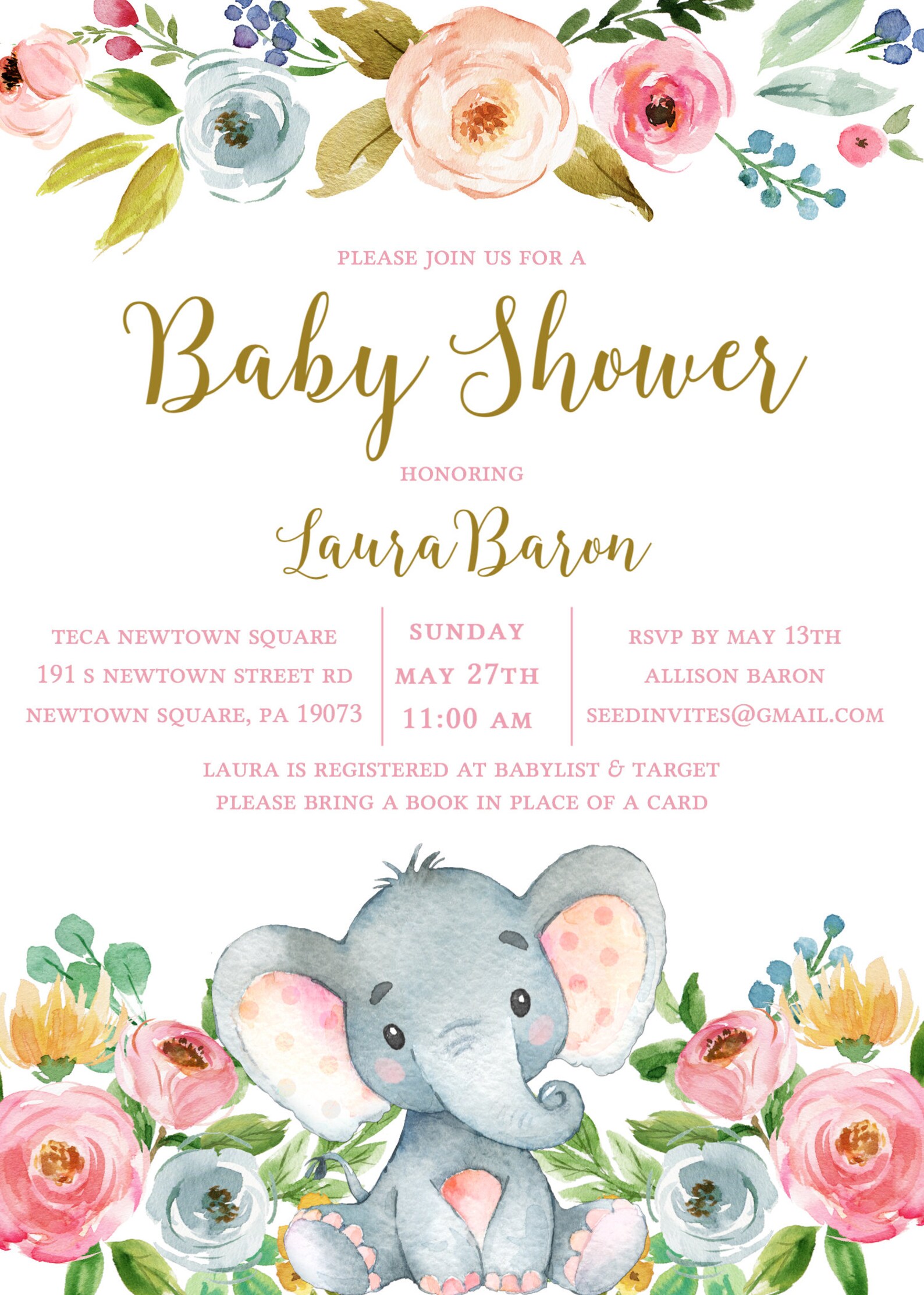 Girl Floral Elephant Baby Shower Invitation - Pink Colorful Roses ...