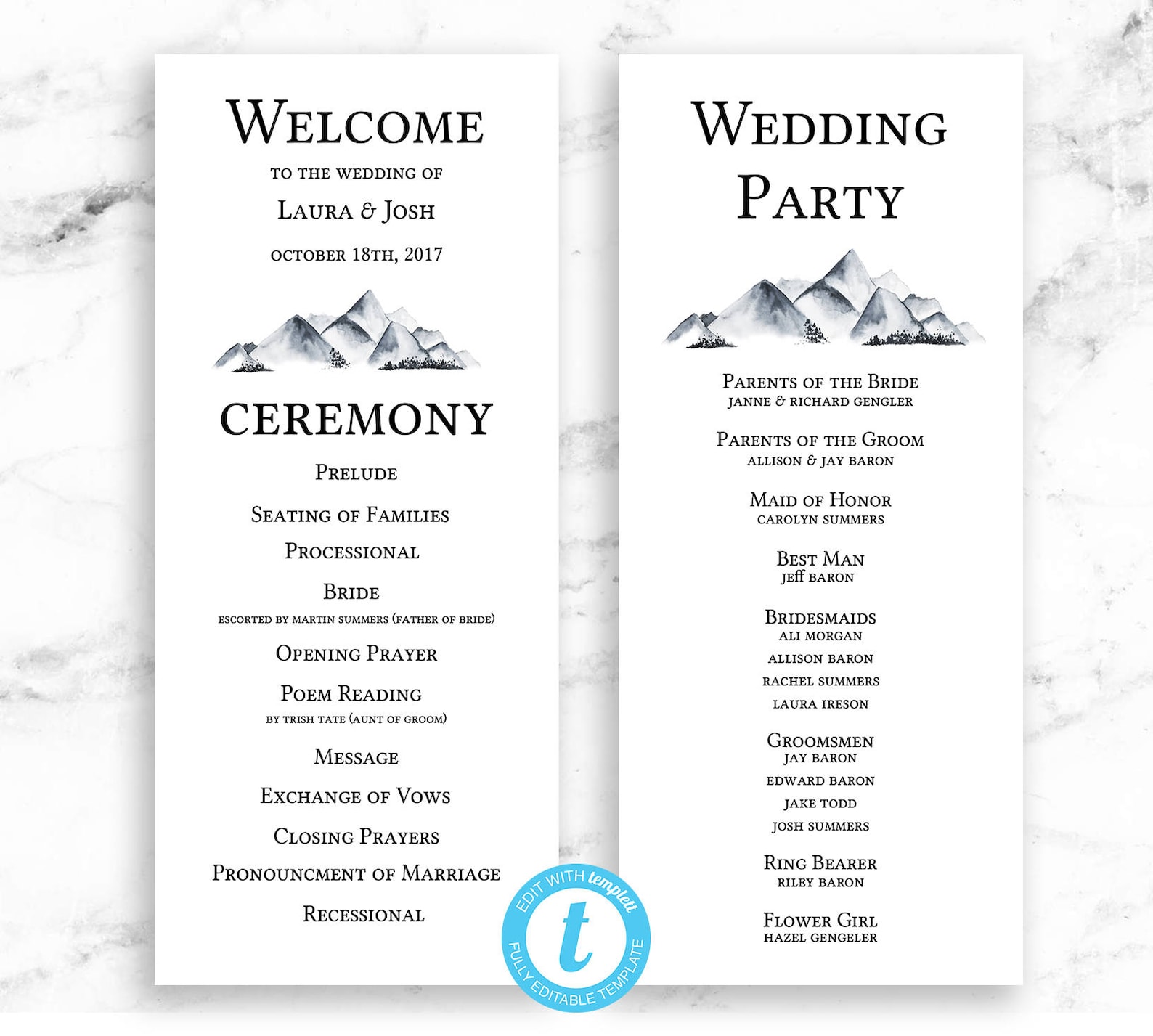 Wedding Program Ceremony Printable Template - Watercolor Mountain ...