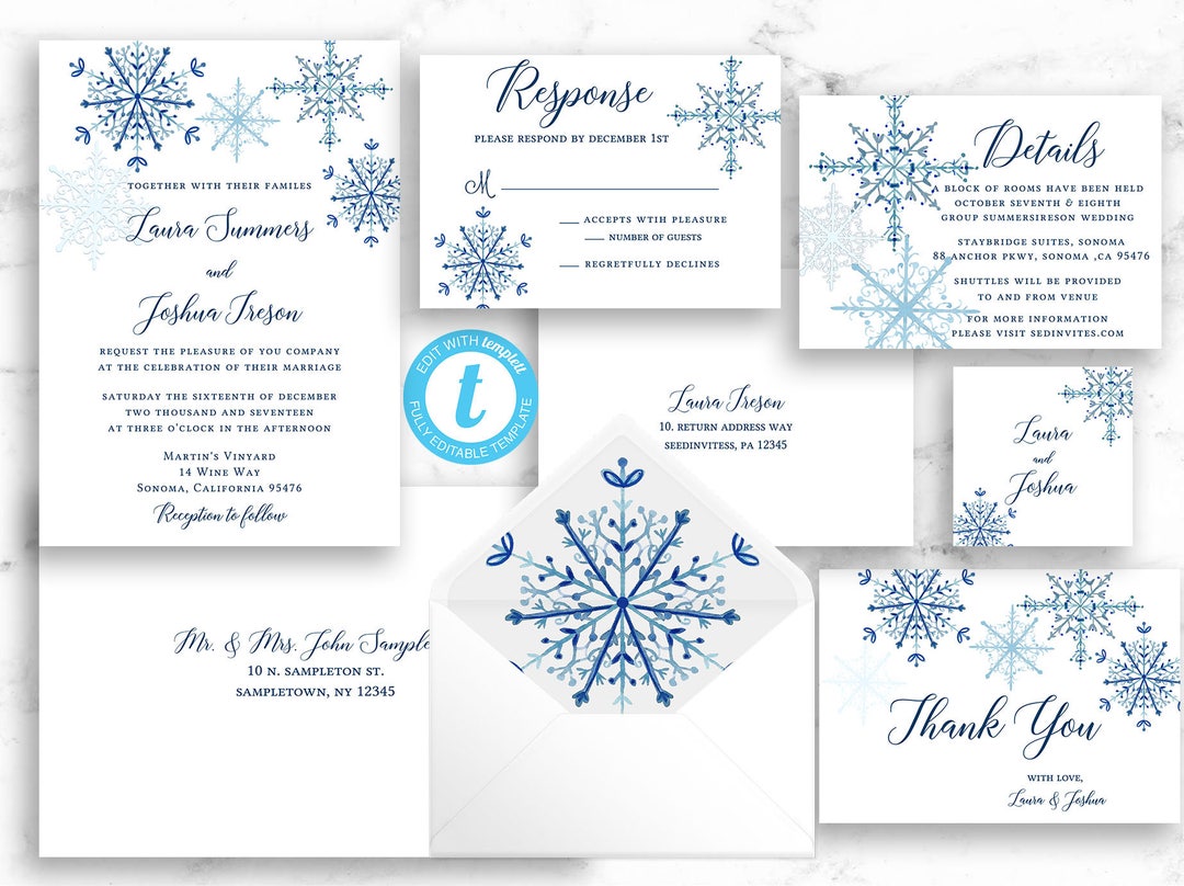 Blue Winter Snowflake Wedding Invitation Suite & Envelope Address Set ...