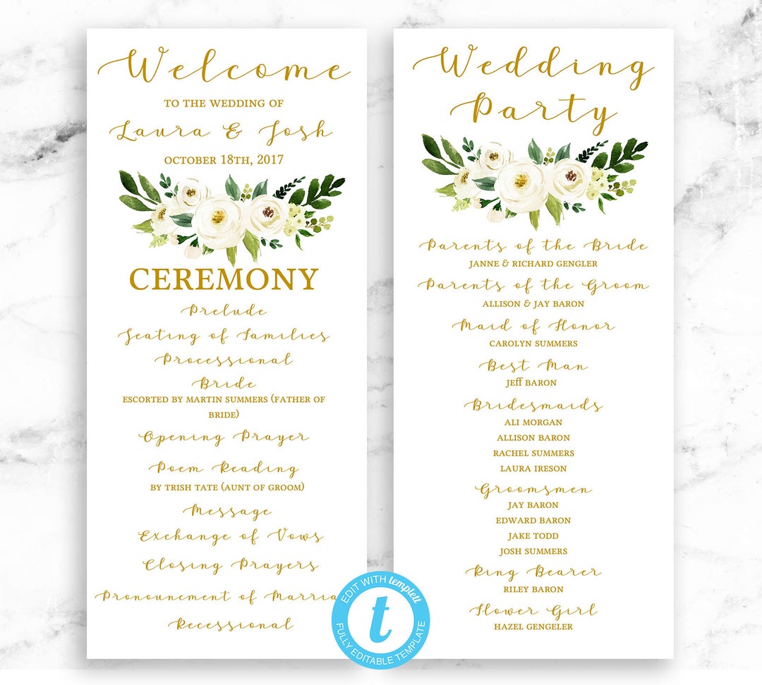Wedding Program Ceremony Printable Template - White Flower Gold ...