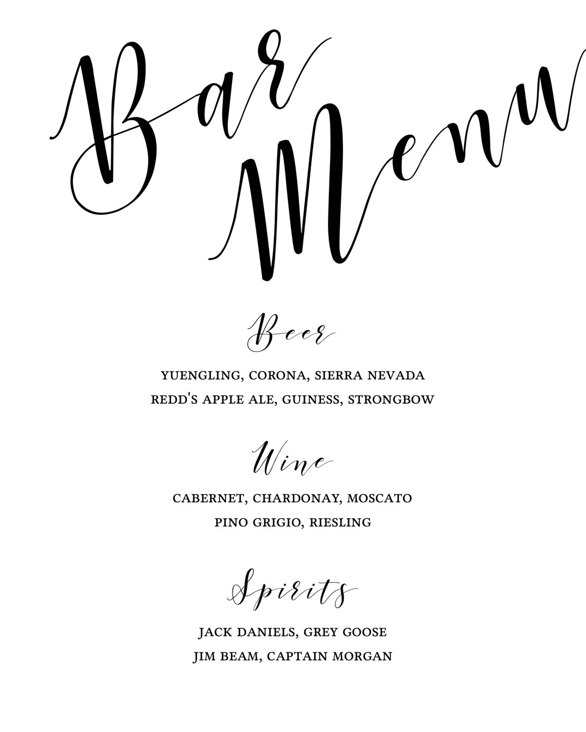 Bar Menu Wedding Printable Download Modern Script Editable | Etsy