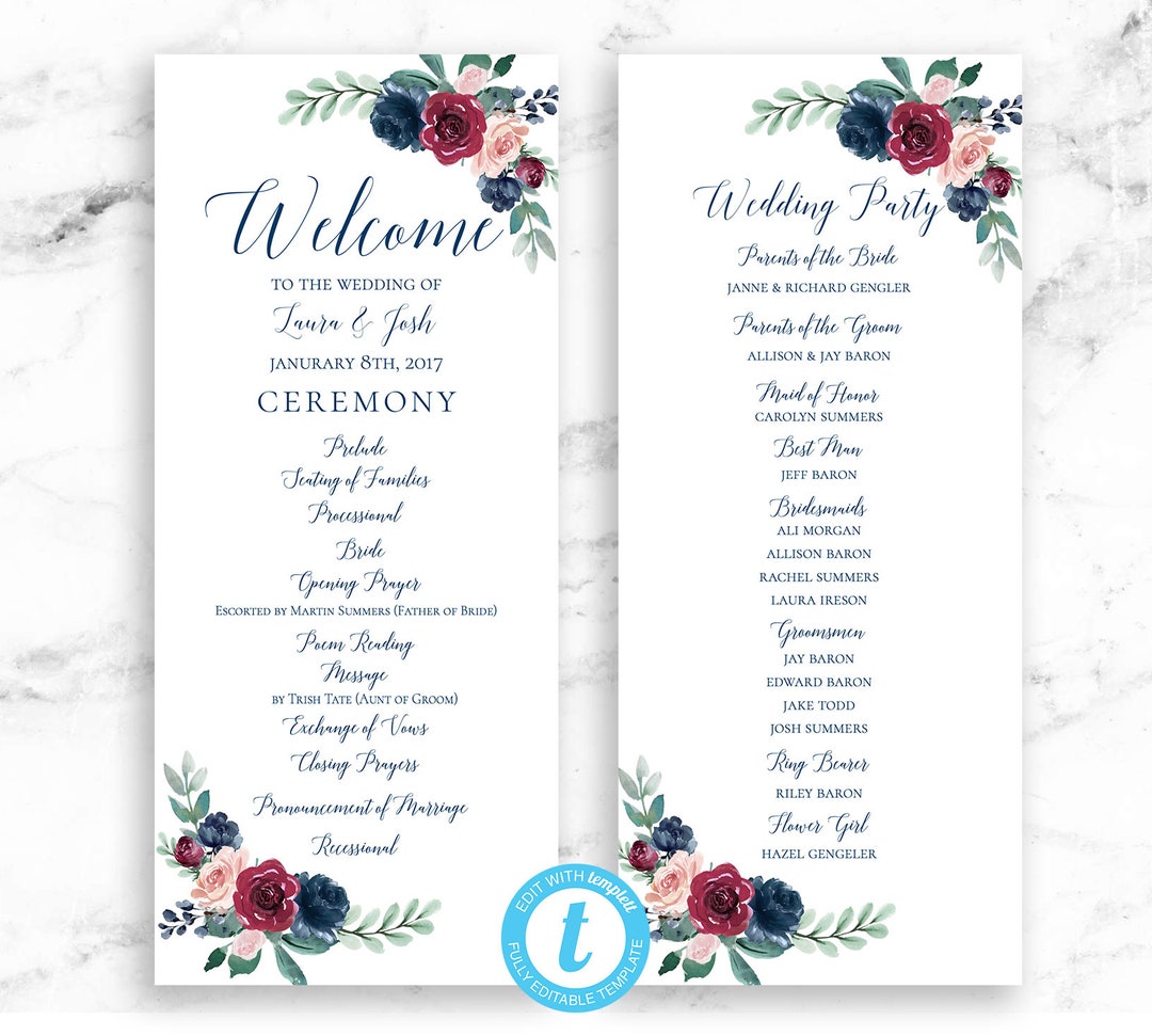 Wedding Program Ceremony Printable Template - Burgundy Navy Flowers ...