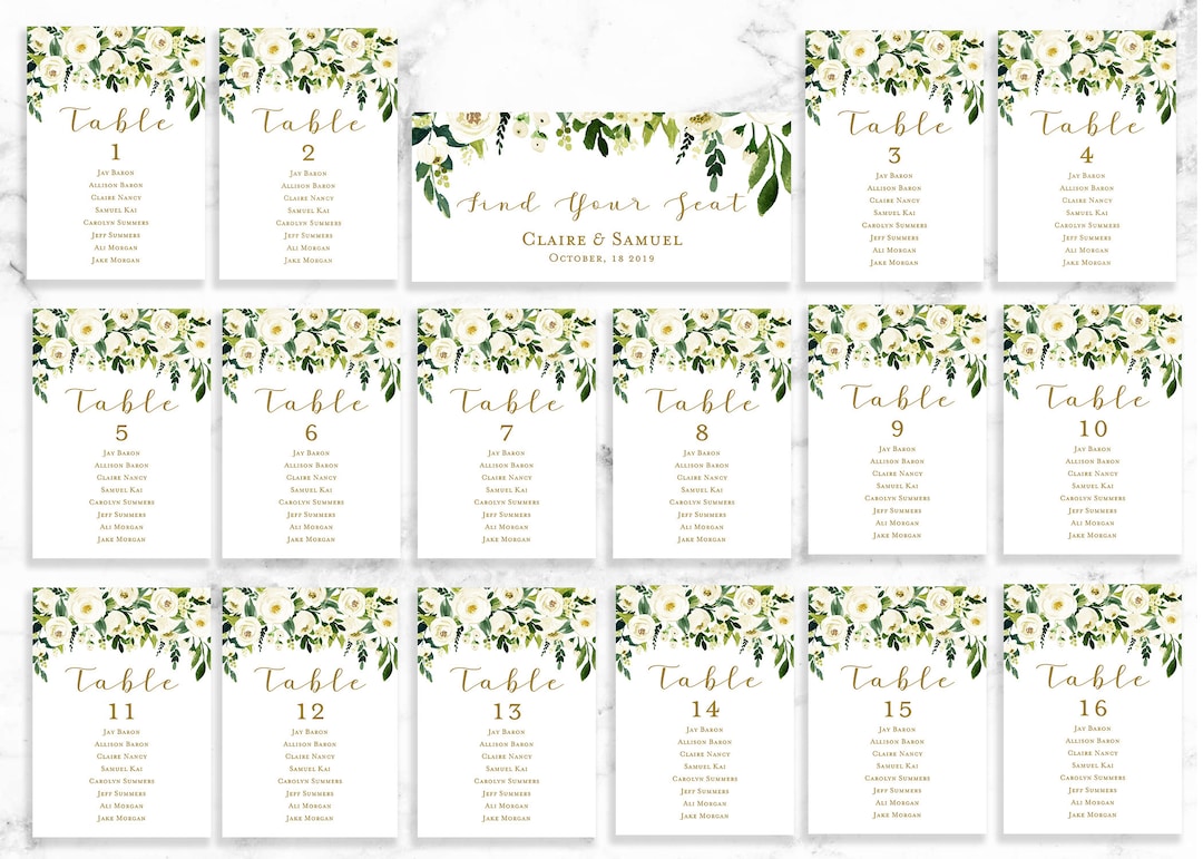 Gold Floral Wedding Seating Card Table Arrangement Cards - White Flower ...
