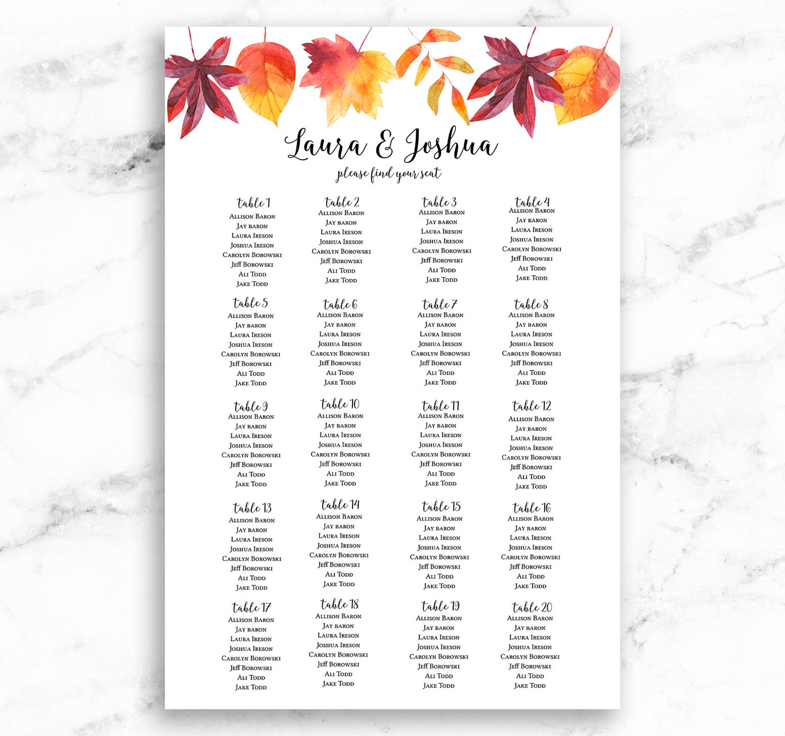 Fall Wedding Seating Chart Sign Poster Fall Leaves Editable - Etsy