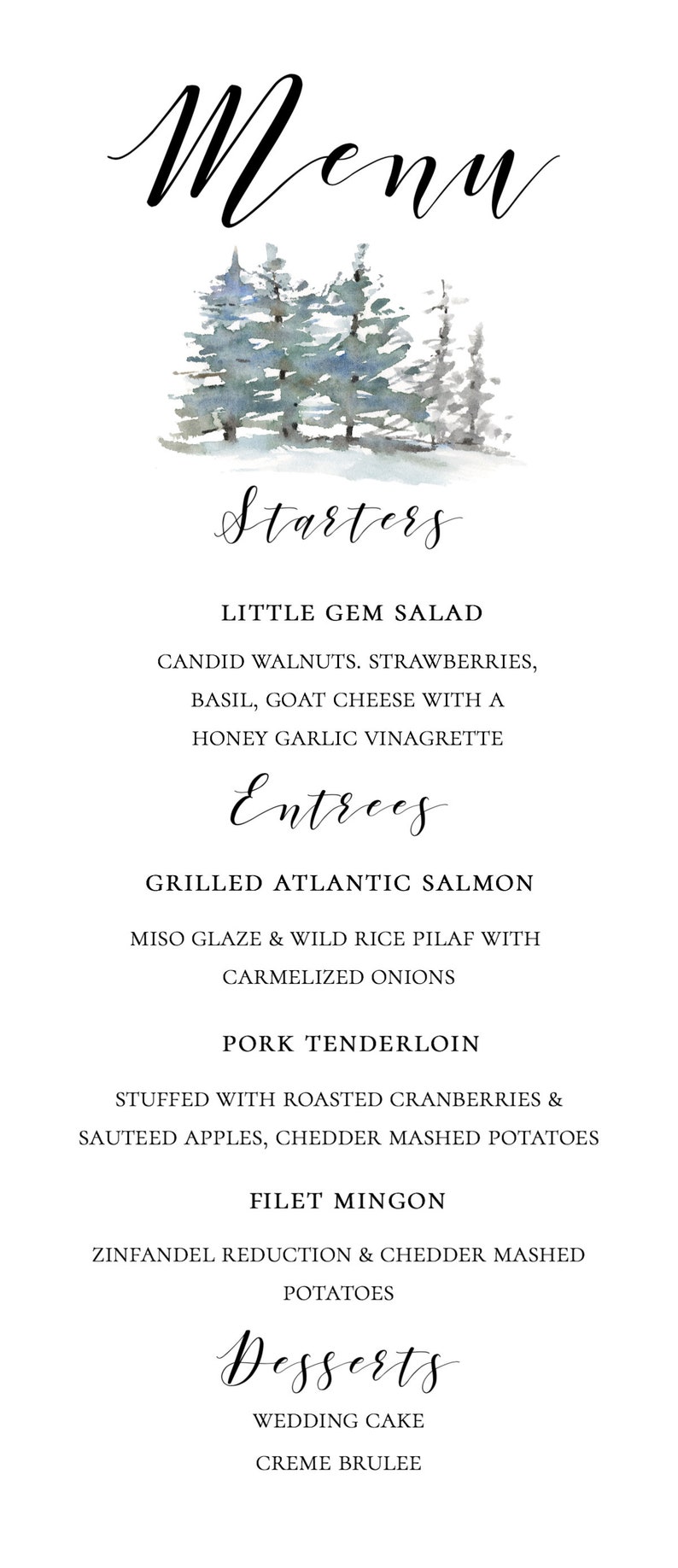 Wedding Menu Card - Winter Forrest Trees - Editable Template ...