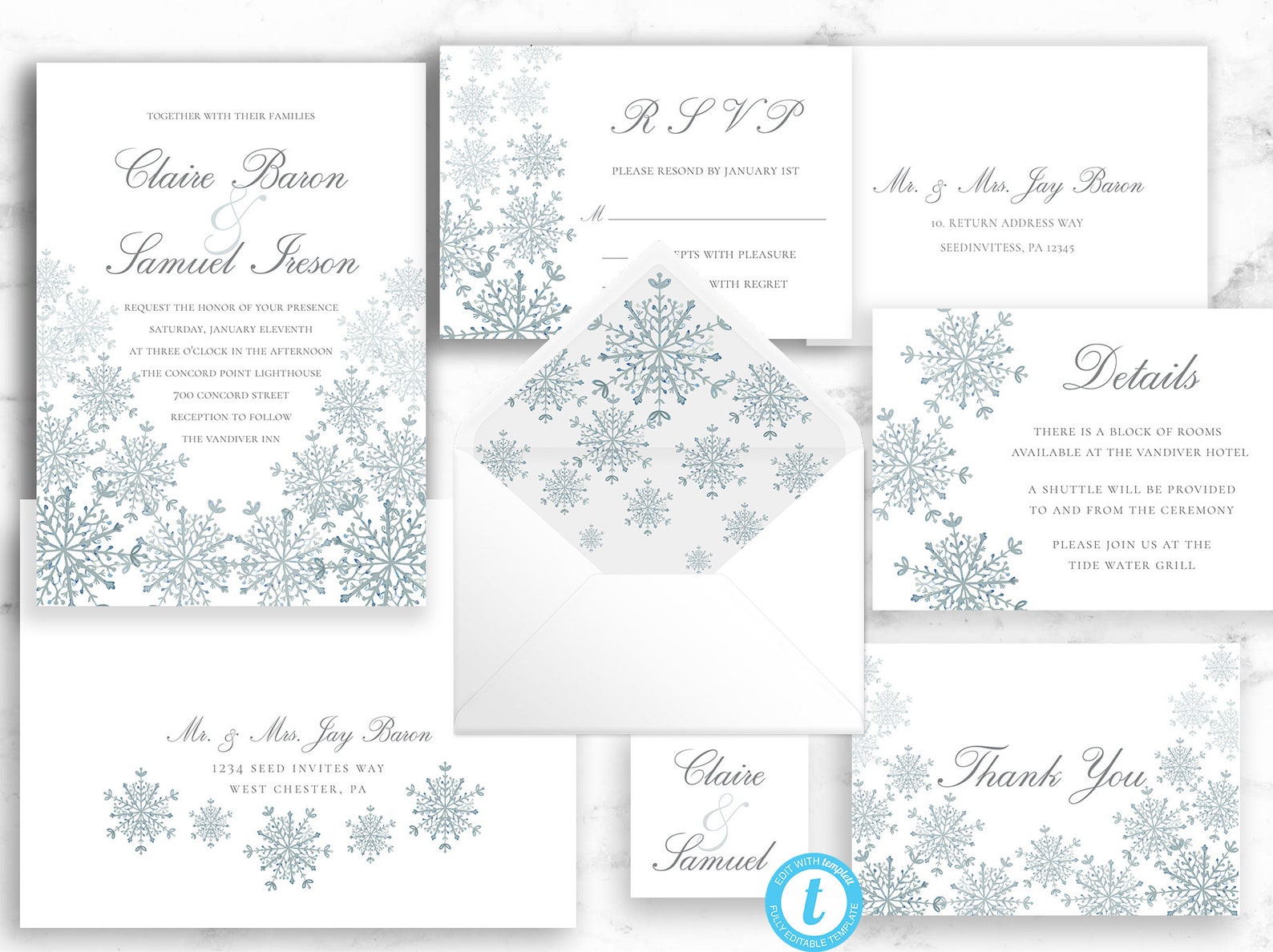 Snowflake Wedding Invitation Template, Winter Wedding Invite, Printable ...