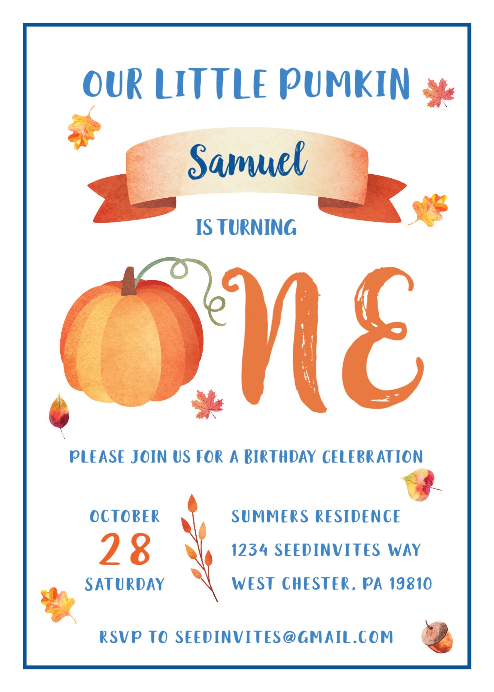 First Birthday Fall Pumpkin Birthday Invitation - One - Printable ...