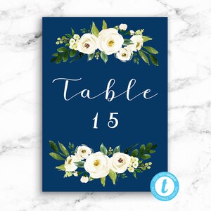 Navy Wedding Table Numbers Sign - White Flower Navy - Editable Template ...
