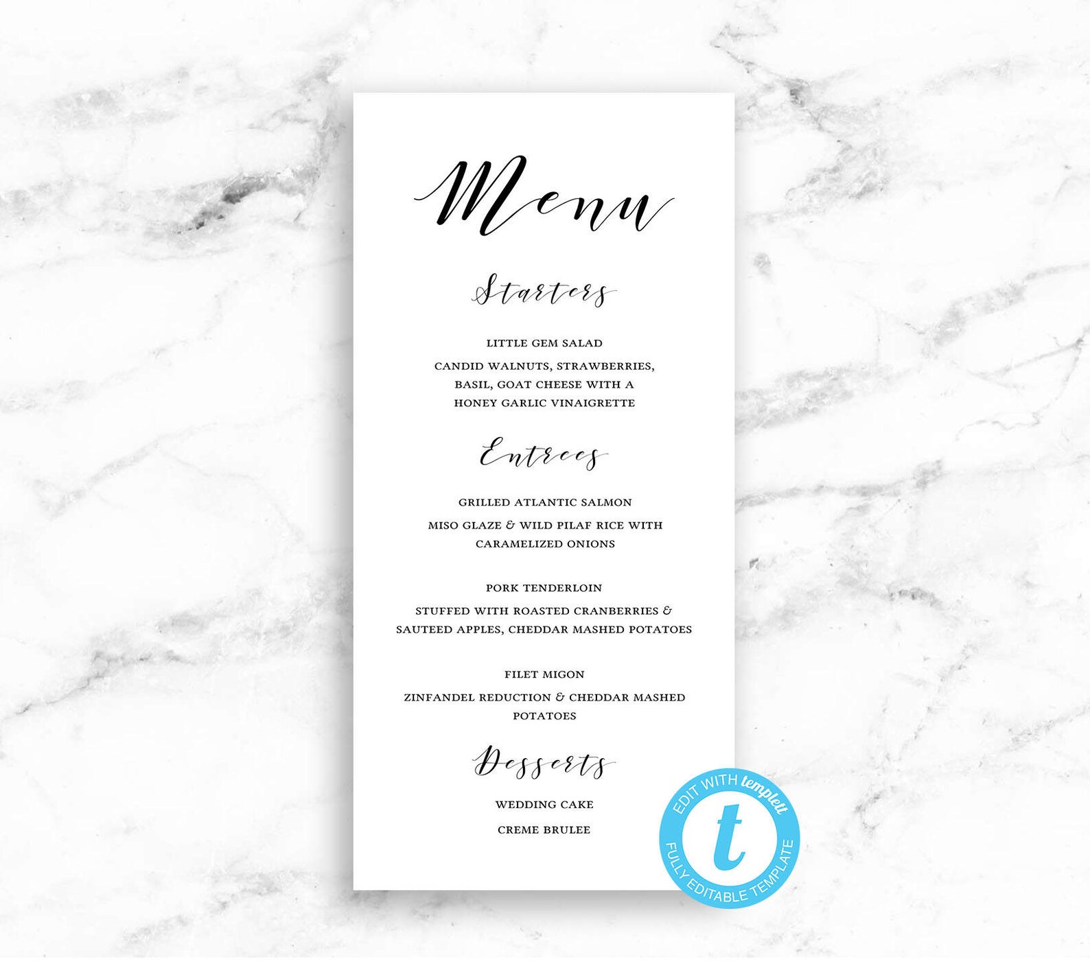 Script Wedding Menu Card Modern Script Calligraphy | Etsy