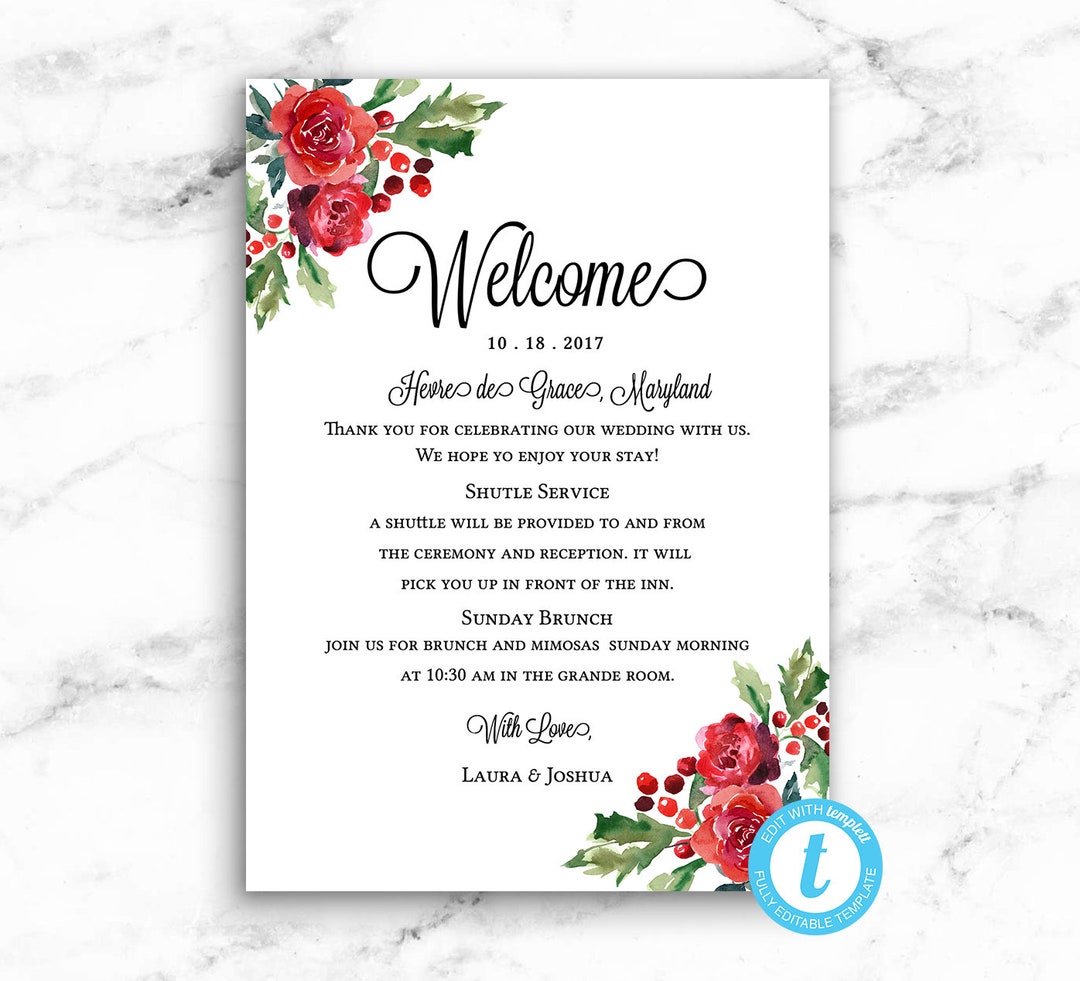 Wedding Hotel Bag Welcome Card - Red Winter Holly - Editable Instant ...