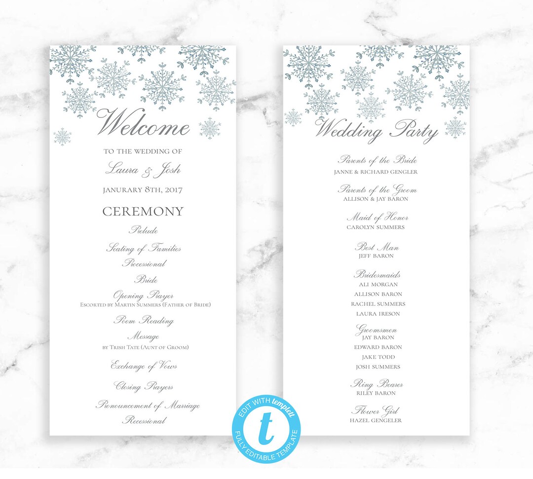 Snowflake Wedding Program Ceremony Printable Template - Snowflake ...