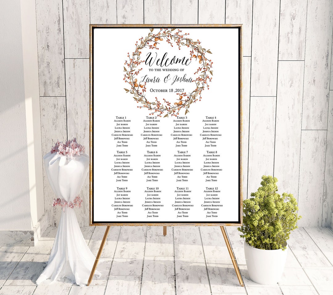 Fall Wedding Seating Chart Sign Poster - Fall Leaves Wreath - Editable ...
