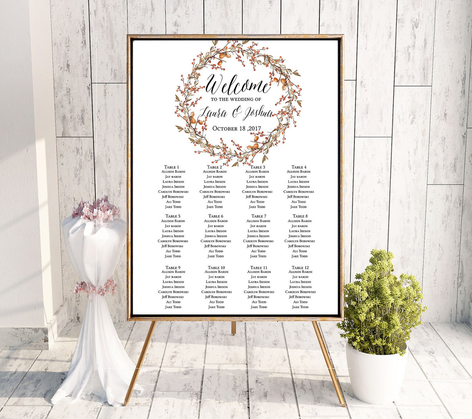 Fall Wedding Seating Chart Sign Poster Fall Leaves Wreath | Etsy