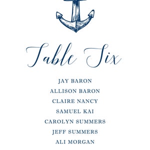 Nautical Wedding Table Numbers Sign - Blue Anchor - Editable Table ...