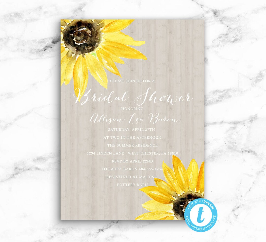 Rustic Sunflower Bridal Shower Invitation - Printable Template - Floral ...
