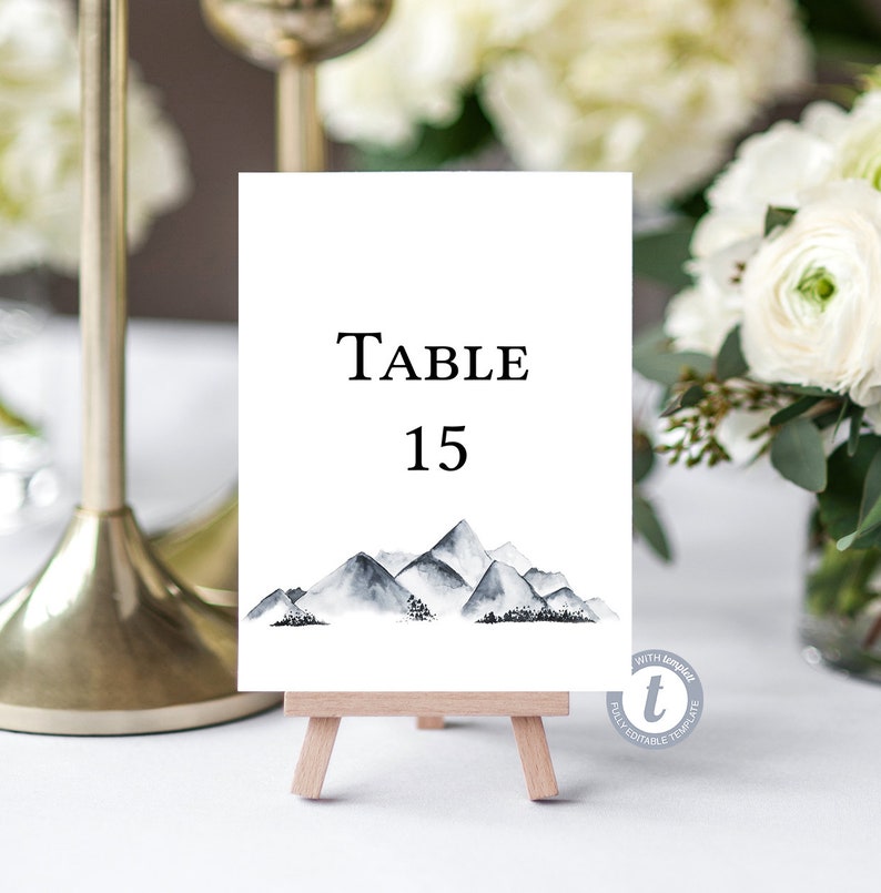 Wedding Table Numbers Sign Watercolor Mountains Editable - Etsy