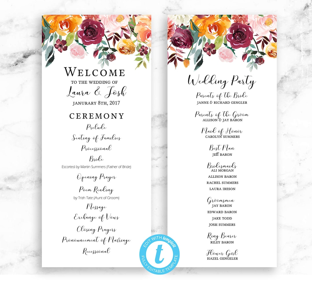 Wedding Program Ceremony Printable Template - Riley Maroon Orange ...