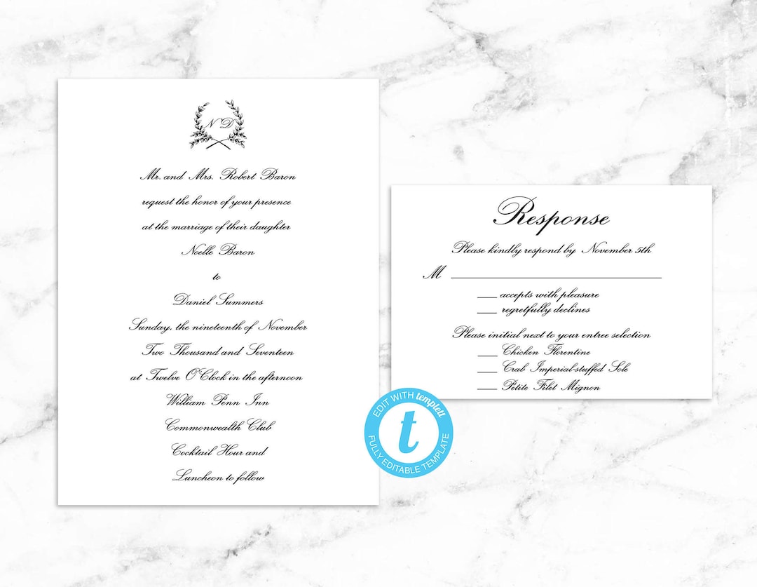 Formal Script Wedding Invitation Suite - Templett Editable Instant ...
