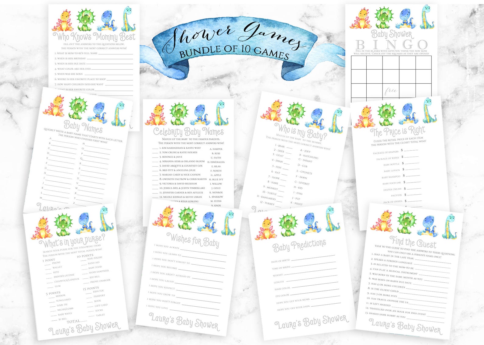 10 Baby Shower Games Bundle - Dinosaur Dino Baby Girl Boy Gender ...
