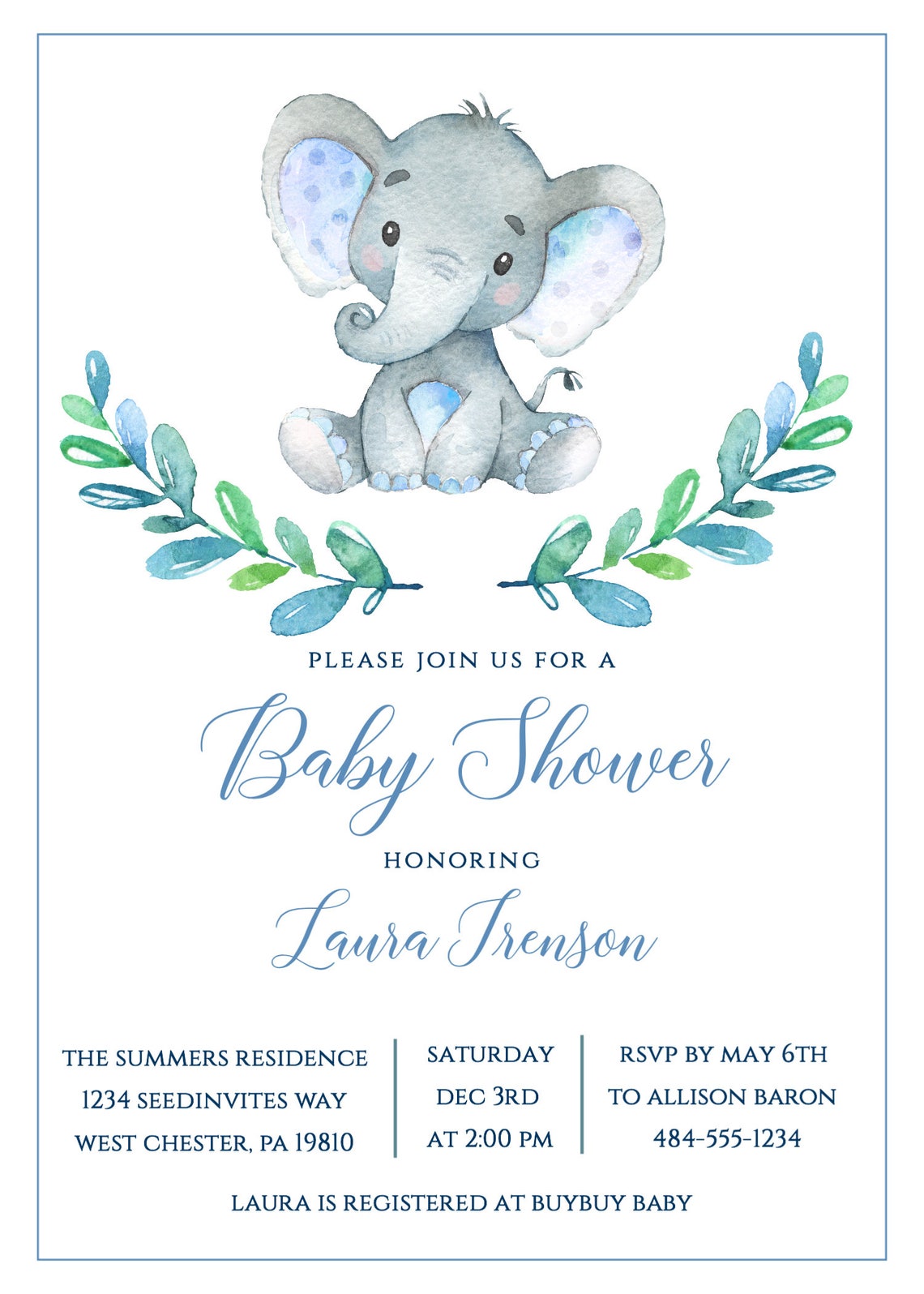 Elephant Baby Shower Invitation - Elephant Baby Boy Safari - Printable ...