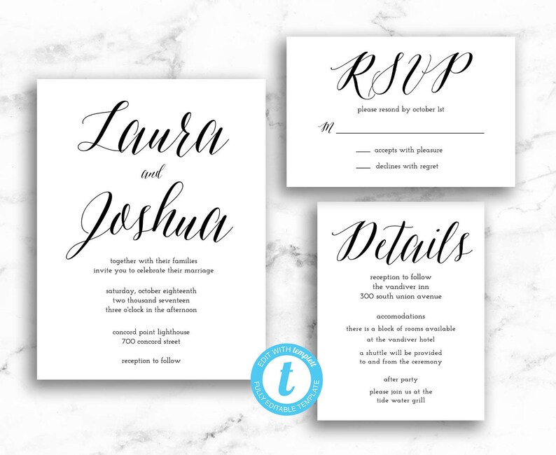 Wedding Invitation Suite Modern Large Script Printable | Etsy