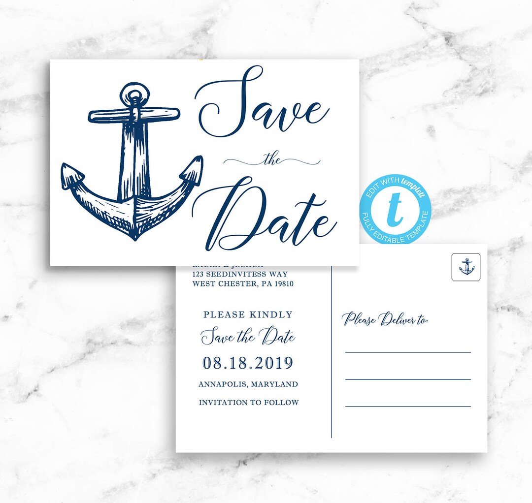 Anchor Save the Date Postcard - Nautical Wedding - Nacy Blue Wedding ...