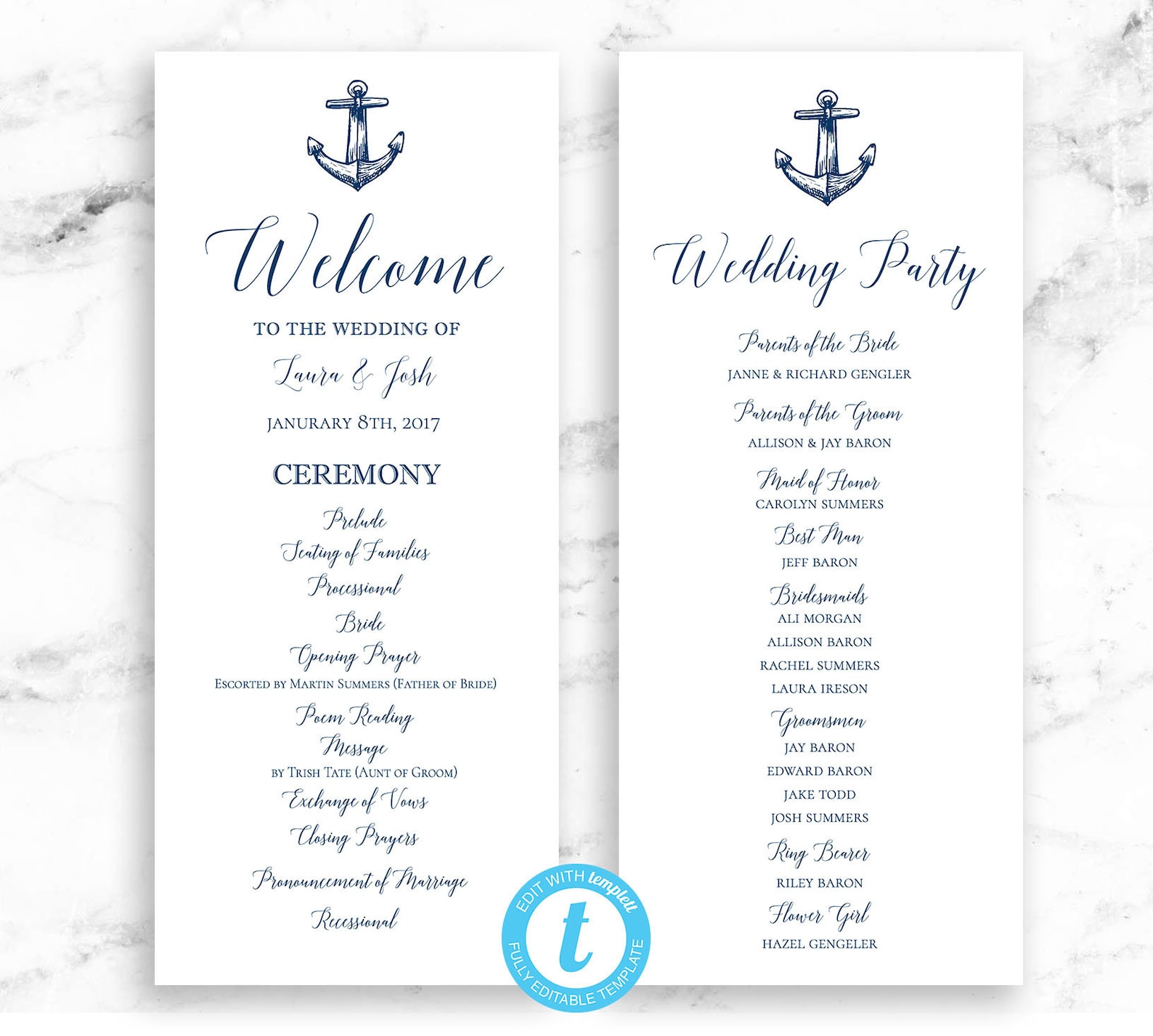 Nautical Wedding Program Ceremony Printable Template Navy - Etsy
