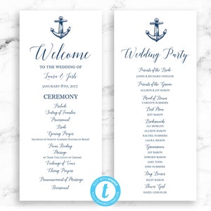 Nautical Wedding Program Ceremony Printable Template - Navy Blue Anchor Program - Editable ...