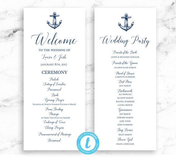 Nautical Wedding Program Ceremony Printable Template Navy | Etsy