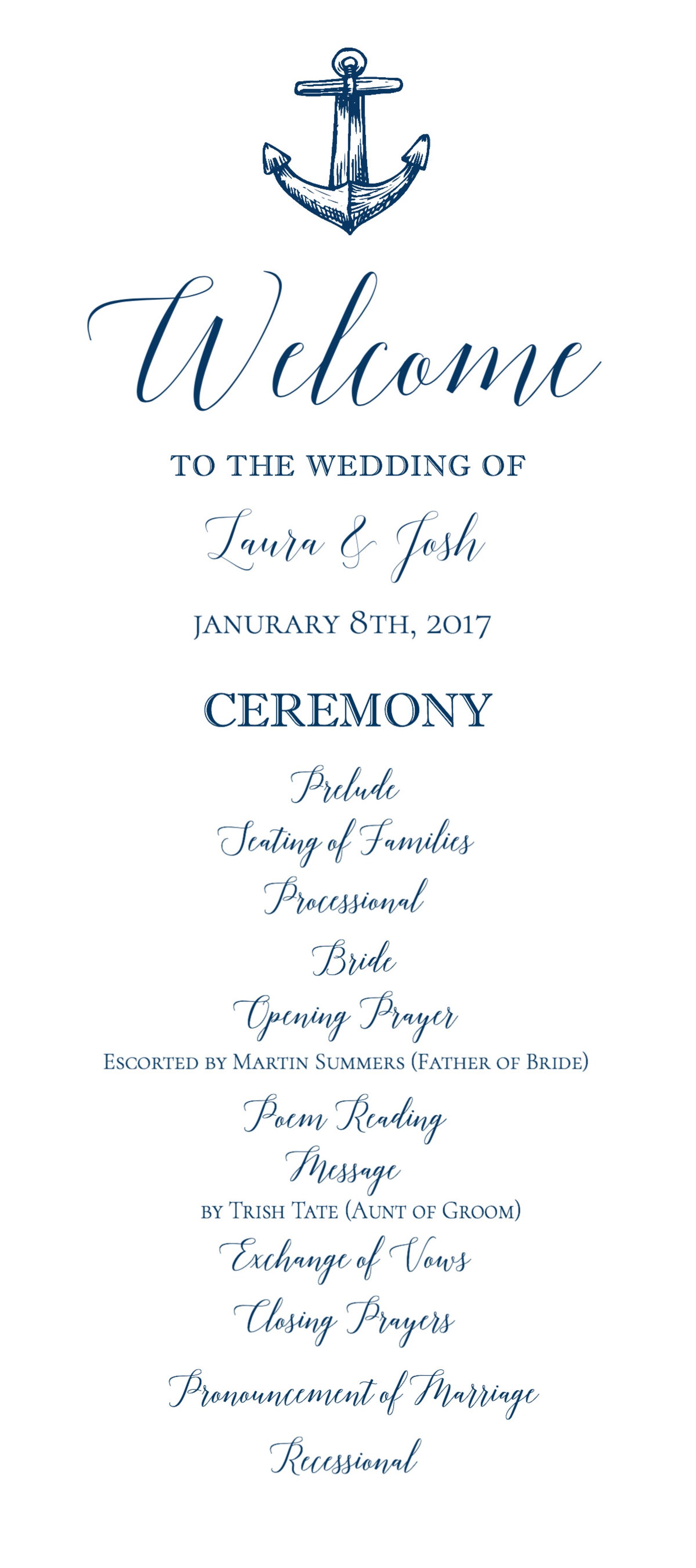 Nautical Wedding Program Ceremony Printable Template - Navy Blue Anchor ...