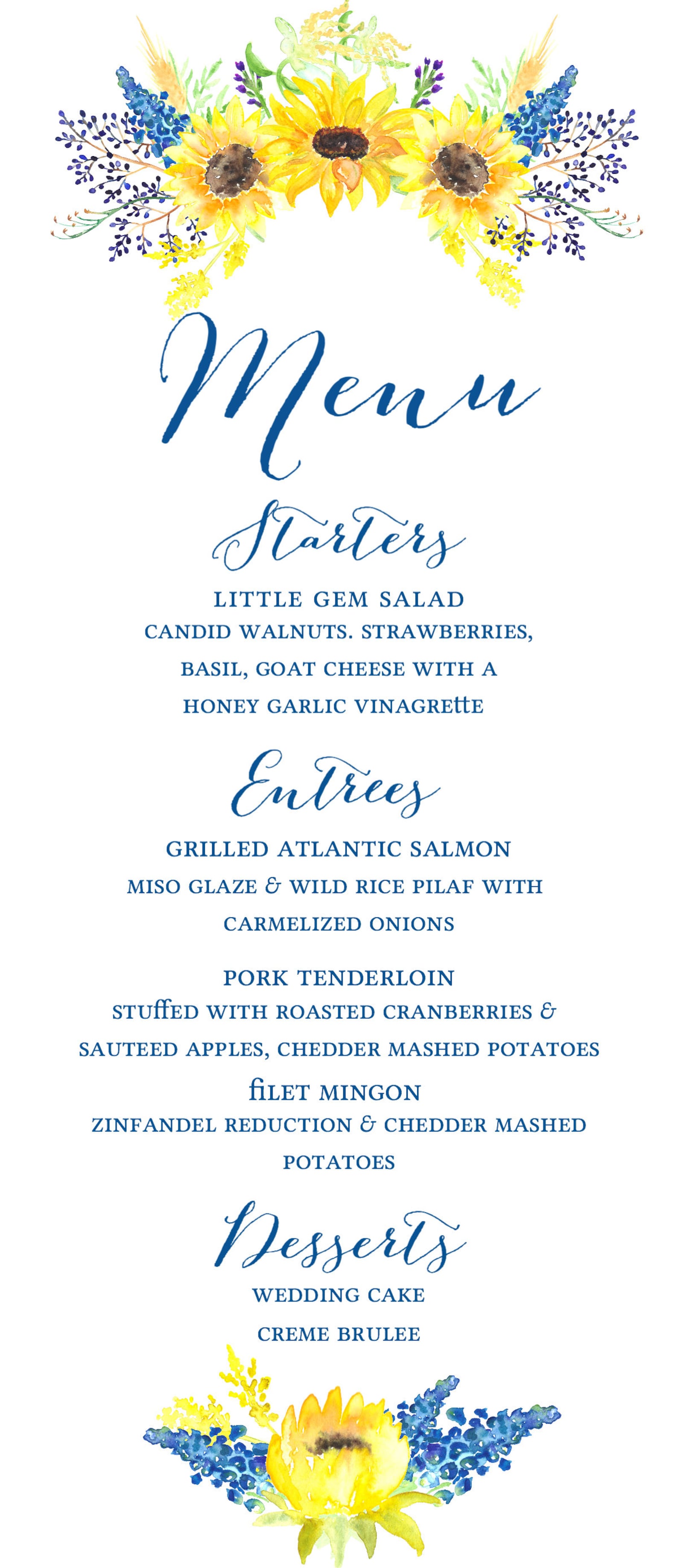 Sunflower Menu Card Watercolor Sunflower Wedding Editable | Etsy