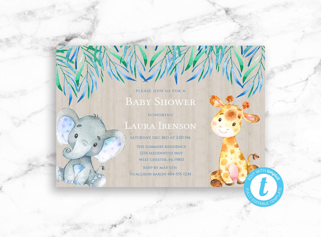 Watercolor Elephant Giraffe Baby Shower Invitation - Baby Boy Girl ...