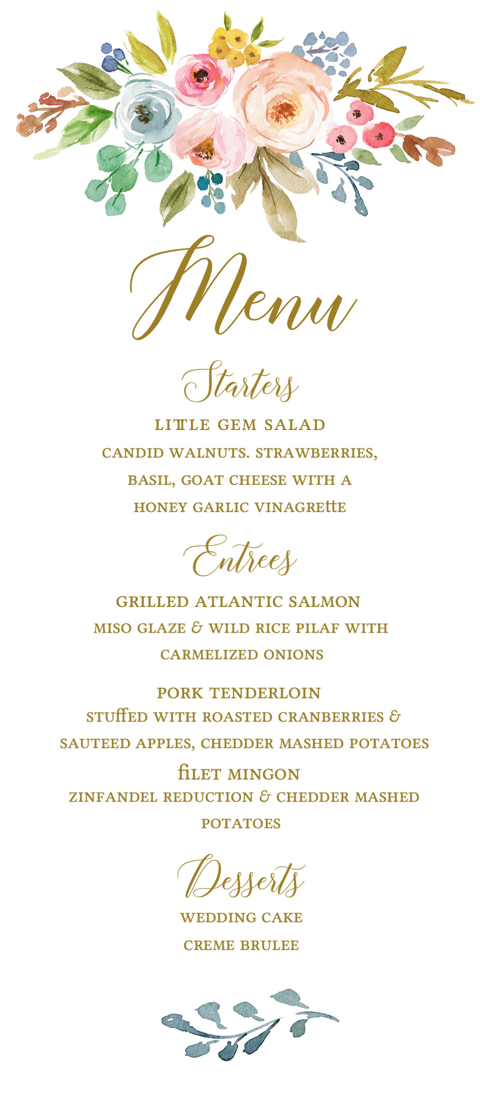 Wedding Menu Card Colorful Watercolor Flowers Editable | Etsy