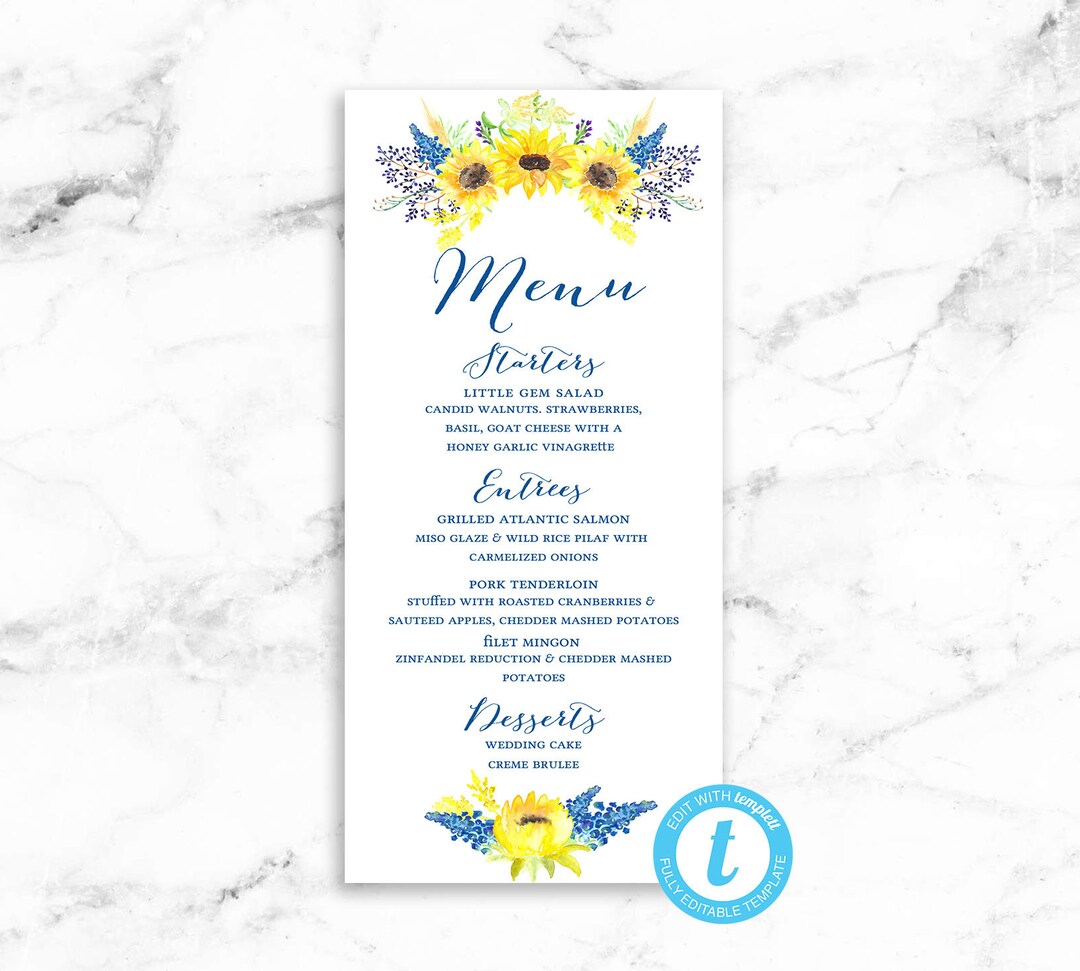 Sunflower Menu Card - Watercolor Sunflower Wedding - Editable Template ...