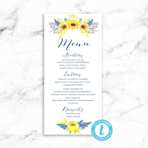 Sunflower Menu Card - Watercolor Sunflower Wedding - Editable Template ...