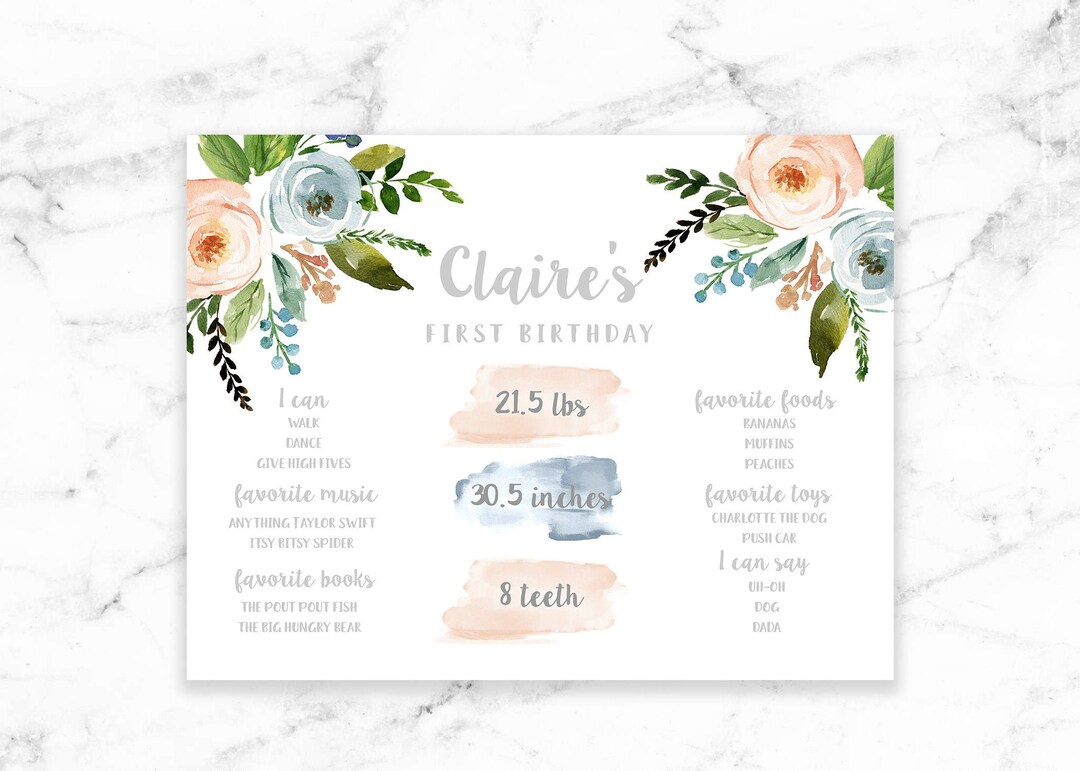 First Birthday Stat Sign - Watercolor Floral Garden Party - Printable ...